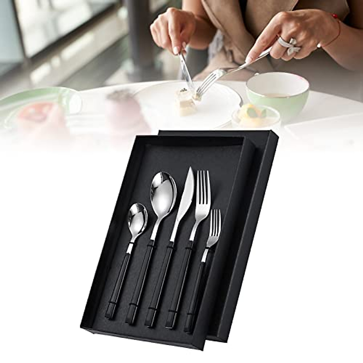 Kitchen Utensils Set, 5 Pcs Tableware Cutlery Set Stainless Steel Restaurant Dishwasher Dinner Knives Forks Spoons Eating Utensils High Hardness Flatware Set (Black Handle)