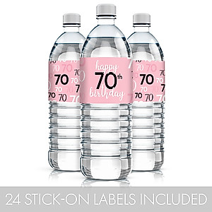 Pink, Black, and White 70th Birthday Party Water Bottle Labels - 24 Waterproof Wrappers, 70th Birthday Decorations for Women