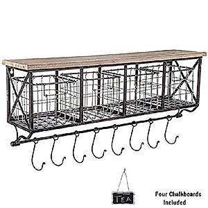 Black Metal & Wood Shelf with Baskets, Chalkboards & 8-Hooks coffee bar shelf bathroom organizational shelf