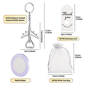 50Pcs Airplane Bottle Openers with Keychain & Keyrings for Wedding Favors, Bridal Shower Gifts for Guests or to make flight attendant gifts for a trip，Include White Sheer Favor Bag Thank You Card