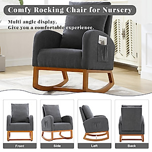 DecoraFlex Modern Accent Rocking Chair Nursery, Dark Gray Nursery Rocking Chairs with Solid Wood Legs, Upholstered Tall Back Accent Glider Rocking Chair for Living Room/Bedroom/Nursery