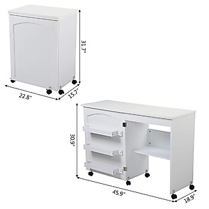 Sardoxx Foldable Sewing Table Versatile Sewing Machine Craft Table with Storage Cabinet Shelves, Lockable Wheels, Adjustable Portable Rolling Sewing Desk for Apartment Small Spaces, White