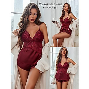 Avidlove Women's Silk Pajamas Set Satin Lingerie 2 Piece Pjs Cami Top and Shorts Sleepwear Dark Red