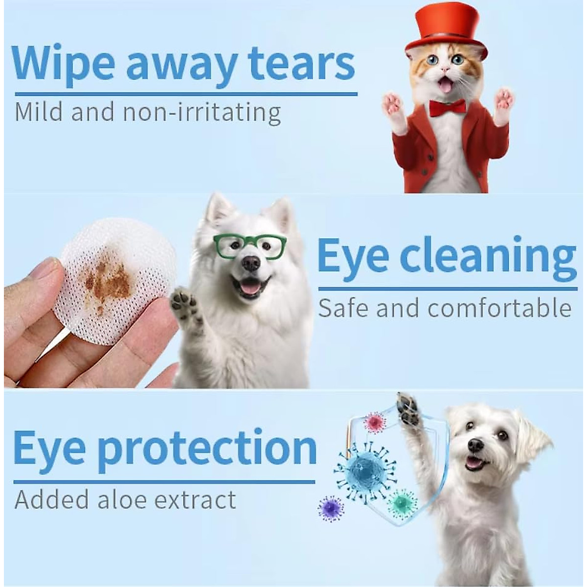 Eye Wipes for Dogs, 200 Pads Pet Tear Stain Cleaning Wipes for Eye Care of Dogs and Cats, Mild Ingredient, Gently Remove Pet Tear Stain, Eye Debris, Discharge, Mucus Secretions - Safe Ingredients