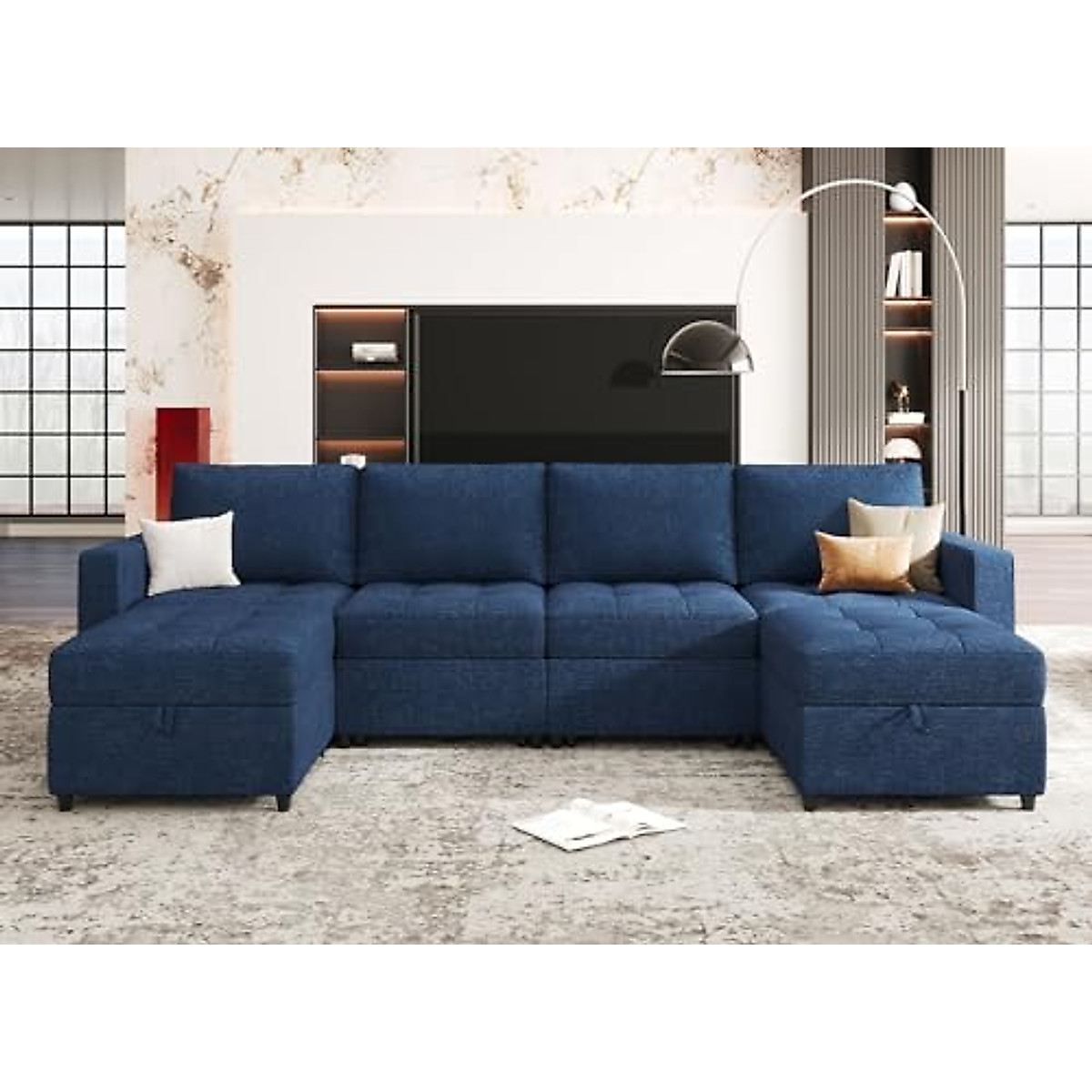Belffin Fabric Modular Convertible Sectional Sofa U Shape Pull Out Couch with Ottomans 6 Piece Sofa Sectional Set Sleeper Couch with Double Reversible Chaises and Storage for Living Room Blue