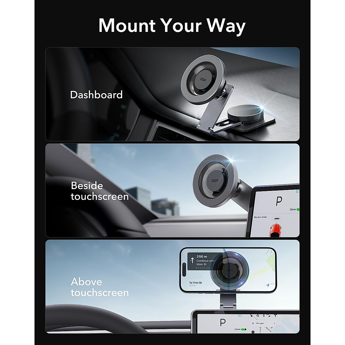 ESR for MagSafe Car Mount, Foldable Dashboard/Tesla Magnetic Car Mount,Tesla Touchscreen Car Phone Holder Mount, Magnetic Phone Holder for Car, for iPhone 15/14/13/12, Charging Not Supported, Grey