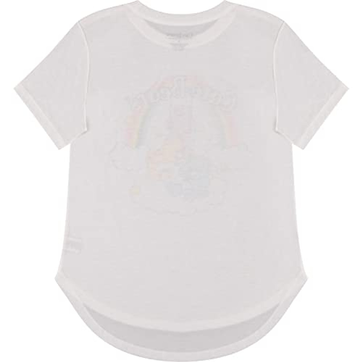 Care Bears Ladies Fashion Shirt - Ladies Classic Clothing - Cheer Friend Funshine Good Luck Curved Hem Tee (White, Small)