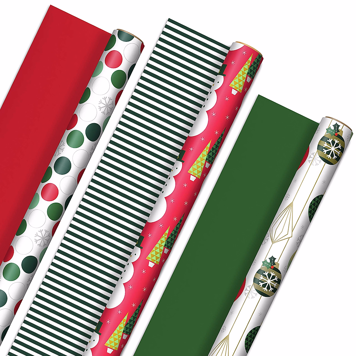 Hallmark Reversible Christmas Paper (3 Rolls: 120 sq ft TTL) Retro Ornaments, Stripes Gift Wrap, Tri-Pack, Elevated Geometric