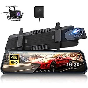 ThiEYE 4K Mirror Dash Camera 10'' Touch Screen, Carview 4 Dual Dash Cameras Front and Rear Lens,Super Night Vision,Parking Monitoring,Reversing Assistance, Voice Control & GPS