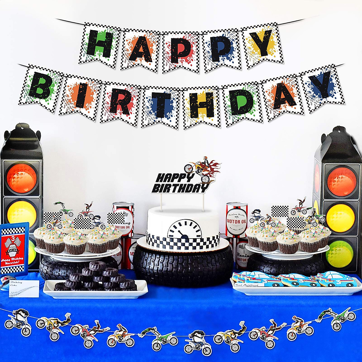 57Pcs Motocross Birthday Party Supplies Dirt Bike Garland Banner Cake Topper Motorcycle Cupcake Toppers Latex Balloons Set for Dirt Bike Extreme Sports Racing Party Boy Birthday