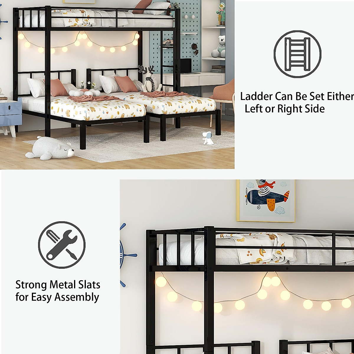 Bellemave Triple Bunk Bed for 3 Metal Twin Over 2 Twin Bunk Bed with Shelf for Kids Boys Girls, Detachable Triple Bunk Bed Can be Divided Into Three Beds, Black