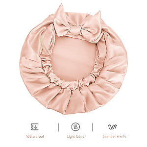 Auban Extra Large Shower Cap, Bowknot Double Layer Reusable Bath Hair Caps With Silky Satin for Women Beauty Bathing, Hair Spa, Home Hotel Travel Use (Beige)