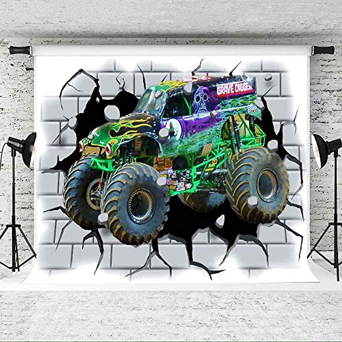 EOA 5(W) x3(H) FT Monster Car Truck Photography Backdrop Racing Cars Kids Birthday Background Big Wheels Banner Studio Props