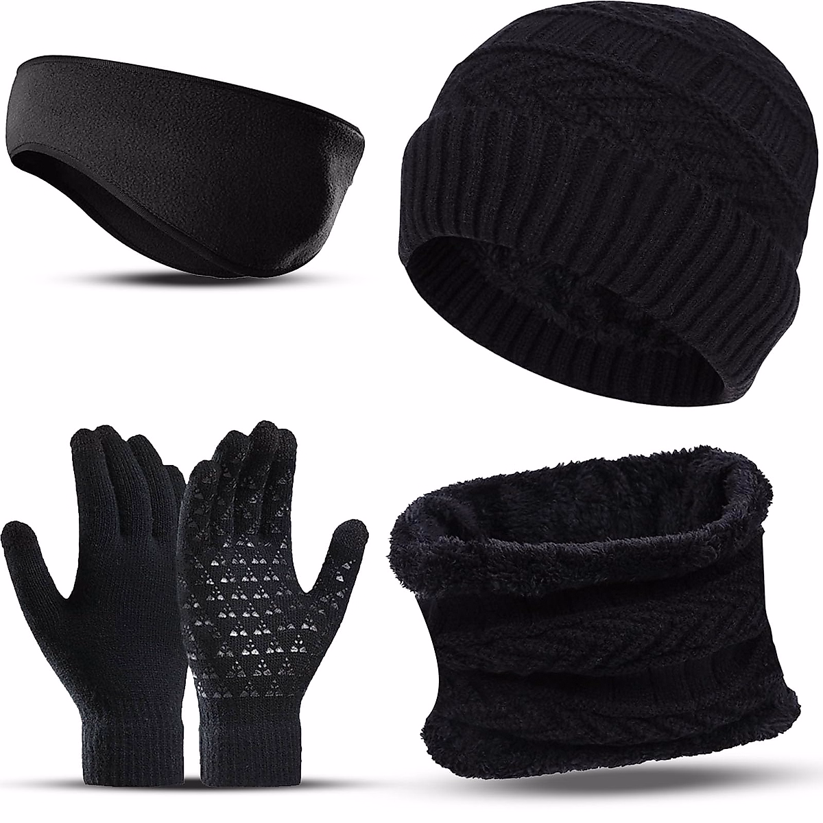 Warm Beanie Hat Scarf Gloves Set for Men, Includes Fleece Beanie Hats,Fleece Scarf, Winter Knit Glovesand Ear Warmers for Men Women (Black)
