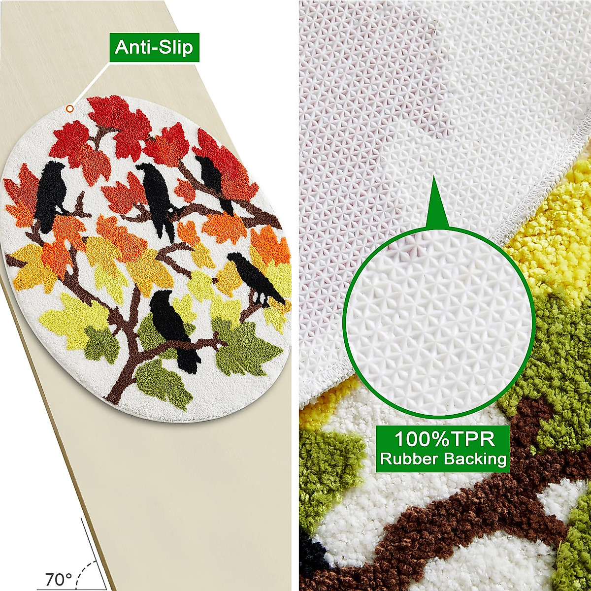 RoomTalks Fall Maple Leaves Bath Mat Non Slip Washable 2ft Fall Colored Halloween Autumn Crow Round Circle Bathroom Mat Bath Rug, Shaggy Plush Absorbent Harvest Season Thanksgiving Bathroom Rug