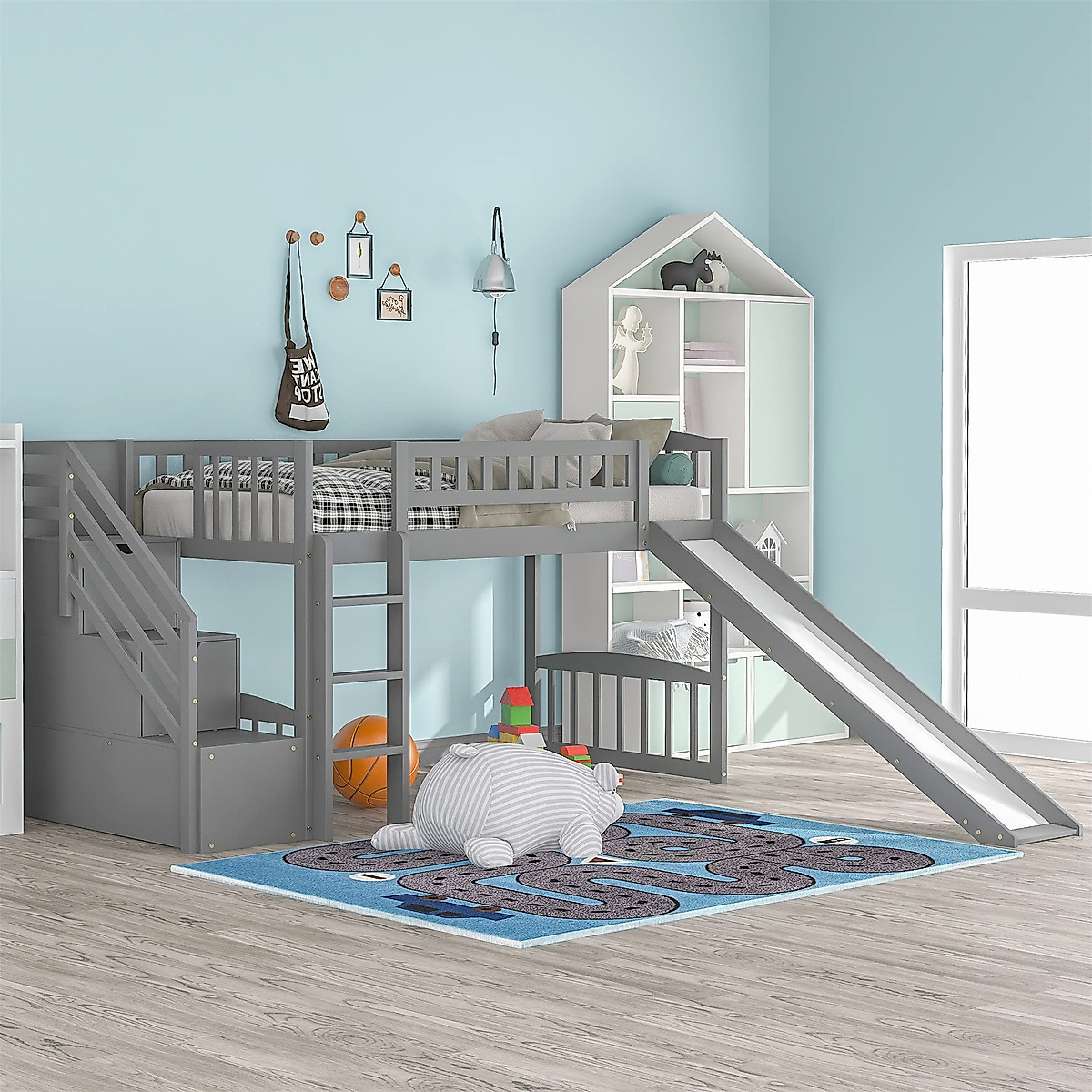 Harper & Bright Designs Twin Size Loft Bed with Slide and Stairway, Wooden Low Loft Bed with Storage for Kids Girls Boys (Gray)