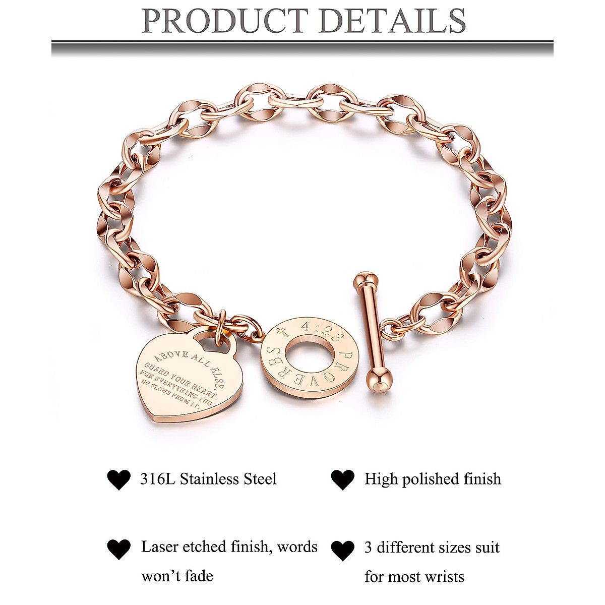 ALEXTINA Dainty Stainless Steel Heart Charm Bracelets Oval Link Chain Bracelet Gifts for Mom Women Teen Girls Toggle Clasp, Silver 7.5"