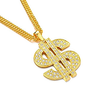 HENGYID Hip Hop Jewelry Gold Necklace Chain with Dollar Sign, 18K Gold Plated Hip Hop Chain Necklace Pendant for Men, 32 inch