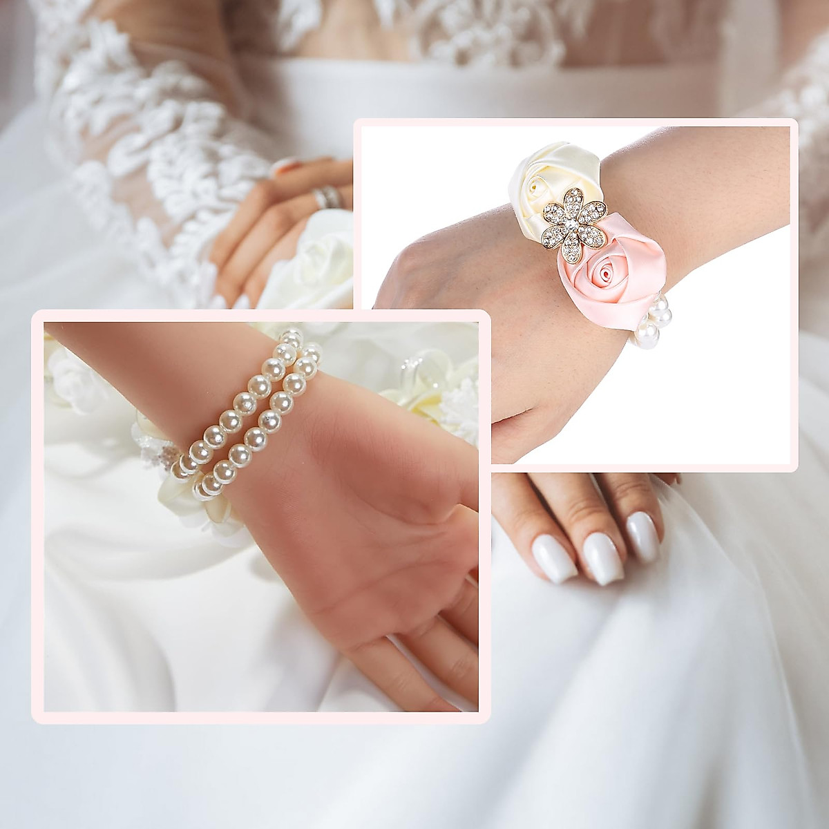 AUNMAS 2pcs Wedding Wrist Corsage, Girl Bridesmaid Groomsmen Hand Flower Faux Pearl Bead Corsage, Flower Bracelet Wedding Prom Party Decorations (White+)