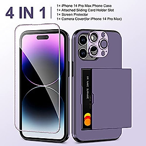 SAMONPOW 4-in-1 iPhone 14 Pro Max Case with Screen Protector & Camera Cover Full Body Hybrid iPhone 14 Pro Max Case Wallet Card Holder Shockproof Protective Case for iPhone 14 Pro Max for Women Men