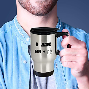 70th Birthday Travel Mug, Middle Finger Cup, 70th Birthday Gifts For Men And Women, Funny Birthday Present For 70 Year Old Relatives and Friends, 14 oz Silver Cup