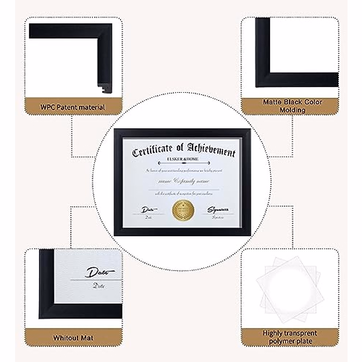 ELSKER&HOME 8.5x11 Picture Frame - Black Sturdy Wood Composite Certificate Frame - Semi-Tempered Glass - Includes Hanging Hardware and Desktop Easel - for Document/Diploma Frame (4 Pack)