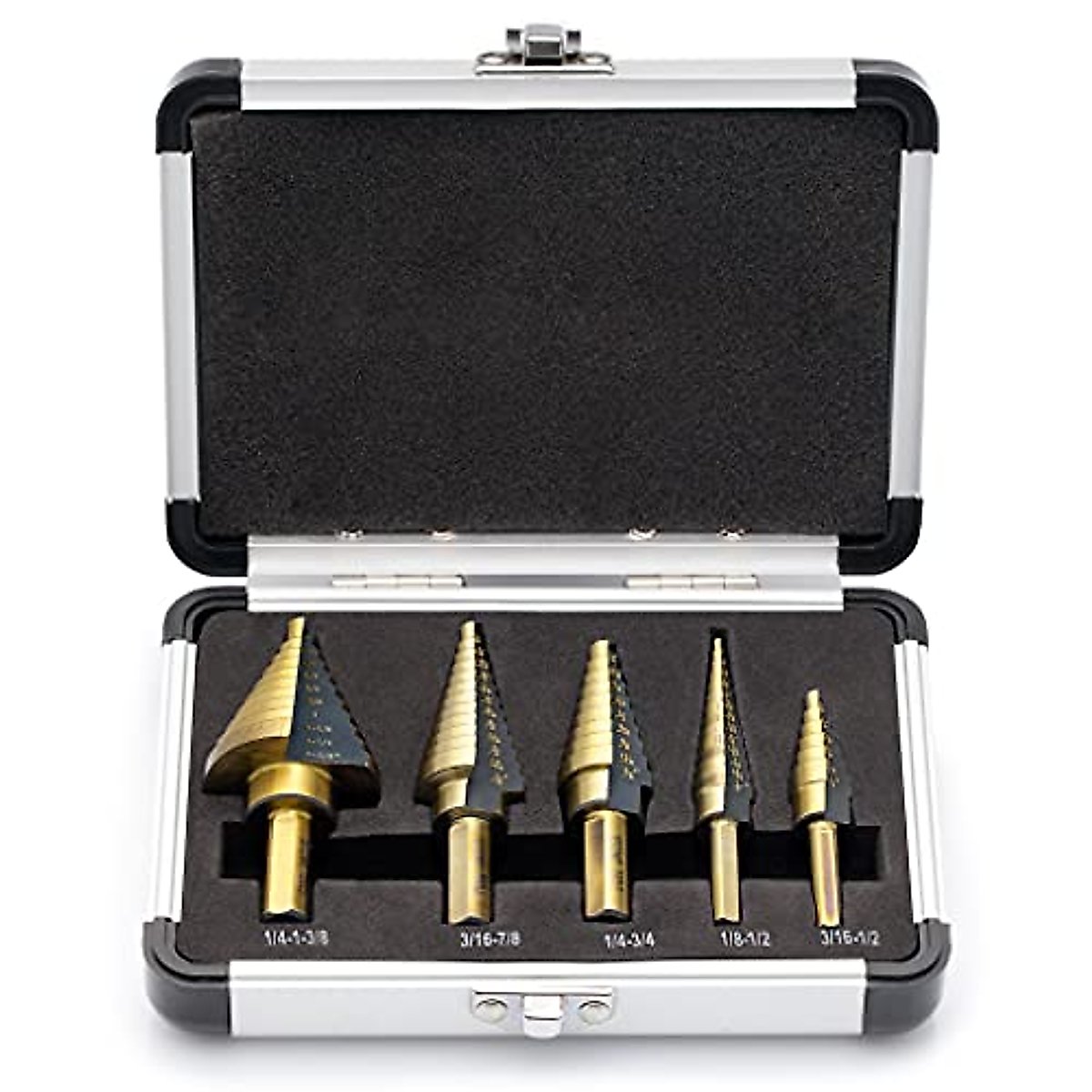 Segomo Tools 5 Piece SAE Multiple Hole 50 Sizes HSS Step Drill Bit Set with Aluminum Case | Stepped Drill Bit | Cone Drill Bit | Step Bit Set | Multiple Hole Drill Bit | Drill Step Bit - SDS5SAE