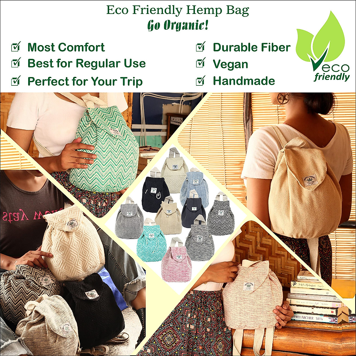 Hemp small bag for women Girls Light Weight Eco Friendly Small cute backpack Bag for everyday lives (Ivory)