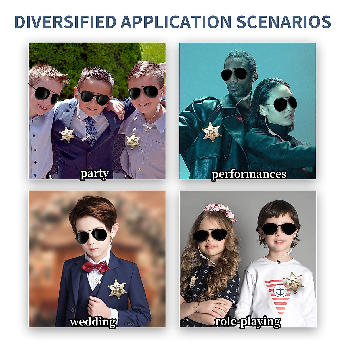 Huwane Ring Security Wedding Ring Bearer Gifts Secret Service Cosplay Set Police Spy FBI Toys Accessory, Include Acoustic Earpiece Tube Headsets, Ring Bearer Sunglasses, Ring Security Badges (1)