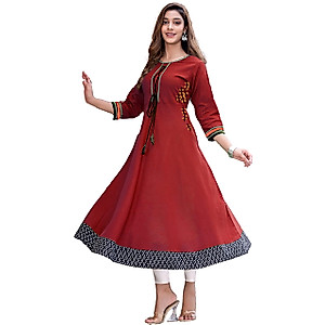 Yash Gallery Women's Cotton Slub Embroidered 3/4 Sleeve Round Neck Anarkali Kurtis (US, Alpha, Large, Regular, Regular, Maroon)