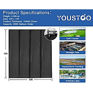 YOUSTOO Pond Liner - 10 by 13-Feet Fish Pond Liners for Outdoor Ponds, Lightweight Highly Flexible Pond Skins for Fish Ponds, Water Features, Garden Water Fountains, Waterfalls