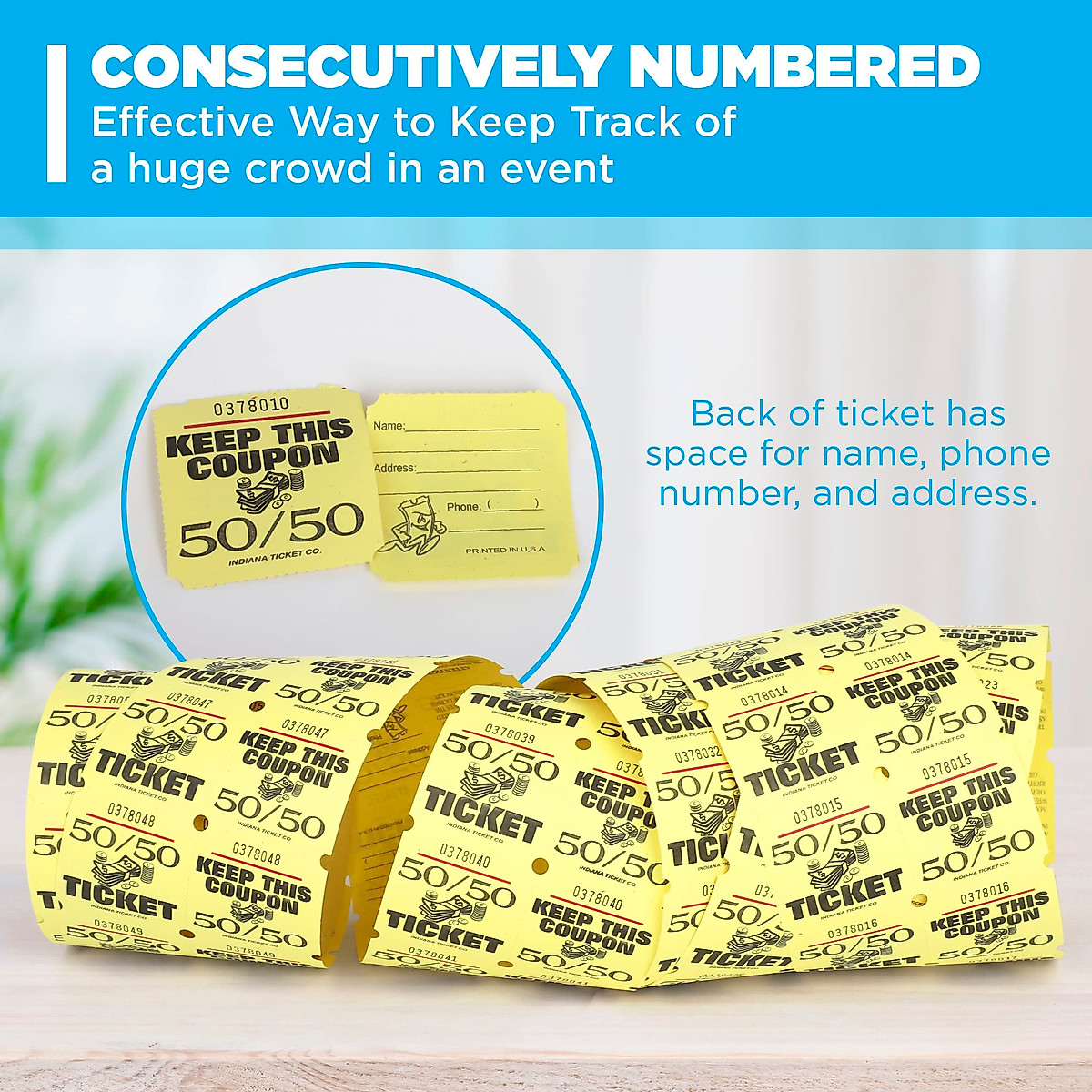 Raffle Tickets Double Roll - 50/50-1000 Ticket Count Per Roll - Easy Tear Away Stubs for Contact Info - Raffle Drum Tickets Roll for Drinks, Carnival, Chinese Auction, Events (Green)
