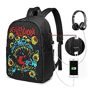 Qcosjeem Asking Rock Band Alexandria Backpack,unisex casual book bags,external usb interface,earphone cable interface,label.traveling backpack suitable for laptop Fashion usb Backpack