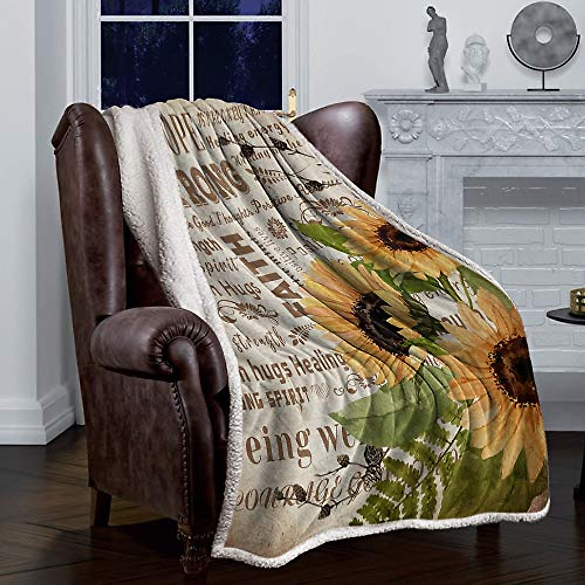 LBDOMOV Warm Hugs Positive Healing Throw Blanket, Sherpa Microfiber Comfort Caring Gift Throw - Sunflower Get Well Soon Gift for Women Men Patient Older Parent 39" x 49"
