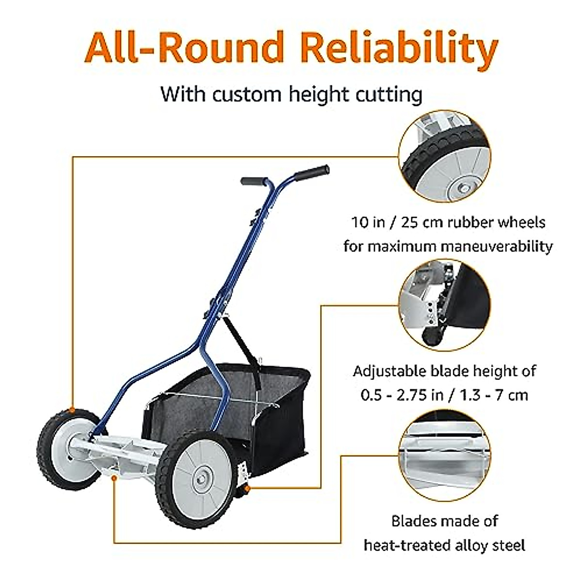 Amazon Basics 18-Inch 5-Blade Push Reel Lawn Mower with Grass Catcher, Blue