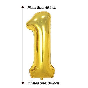 AULE 40 Inch Big Gold 1 Balloon Number Large Foil Helium Number Balloons 0-9 Jumbo Giant Happy 1st Birthday Party Decorations for Boy or Girl Huge Mylar Anniversary Party Supplies