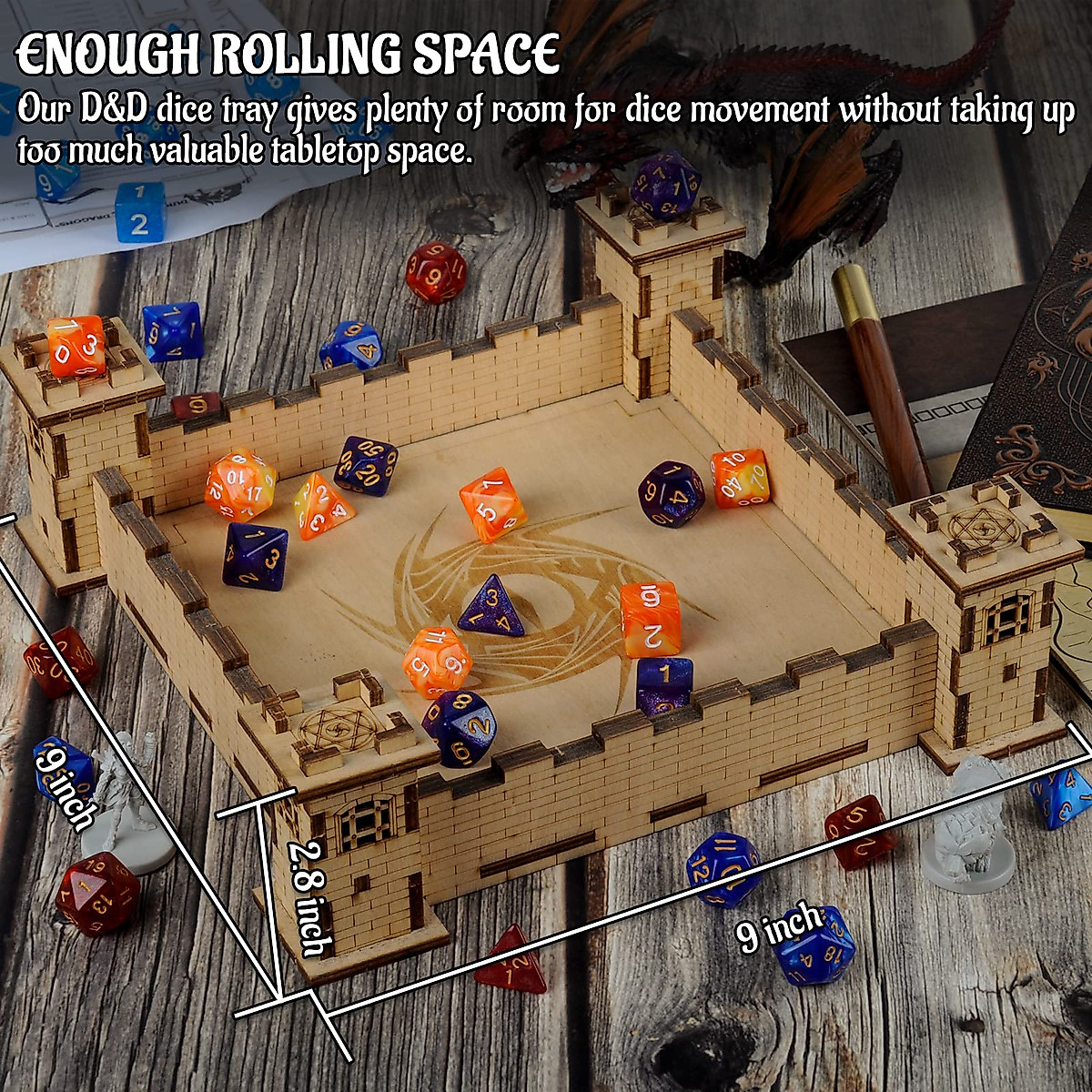 DIY Wood Square Dice Holder Cool 3D Castle Design Carved Dragon Eye - Easy Rolling Dice Tray for DND, RPG and Board Game