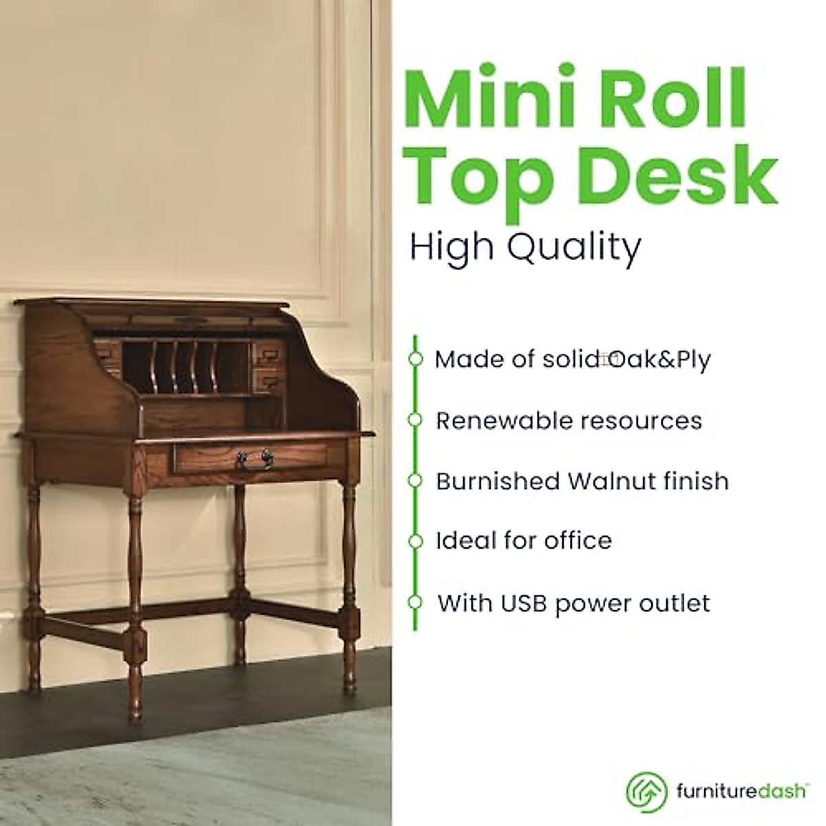 Furniture Dash - Mini Roll Top Desk USB - Standing Desk - Desk with Drawers - Rolling Desk - Wooden Desk - 32" W x 24" D x 44.5" H - 66lb (Burnished Walnut Finish)