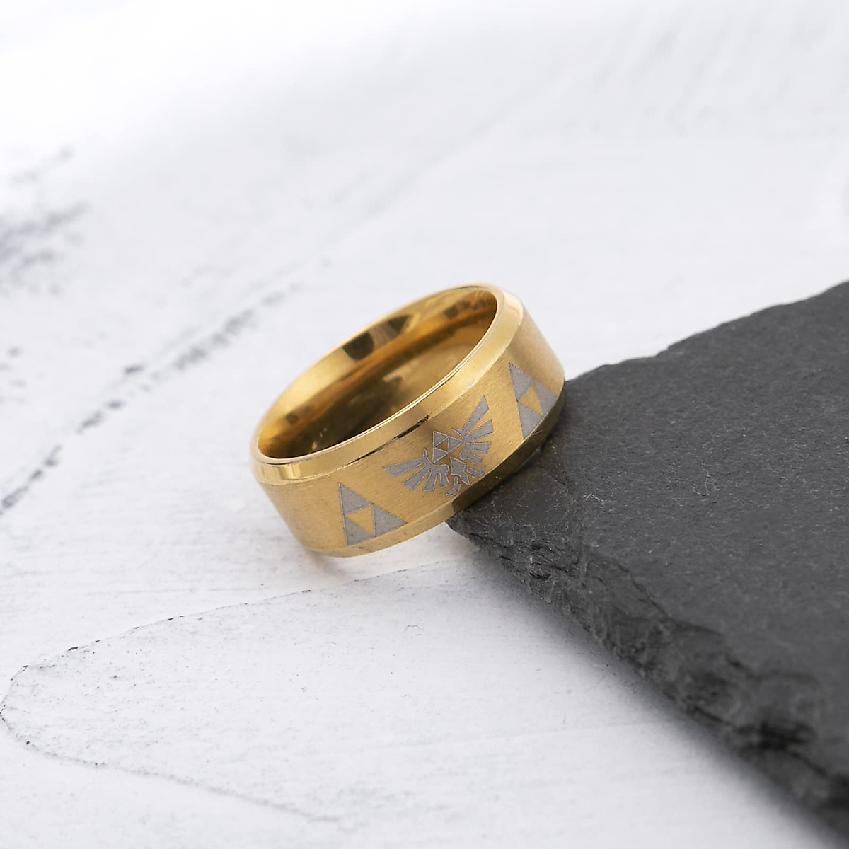 Winssigma Stainless Steel Ring for Men, Triangle Pendant Necklace Cosplay Jewelry Set for Gaming Enthusiast(Gold #6)