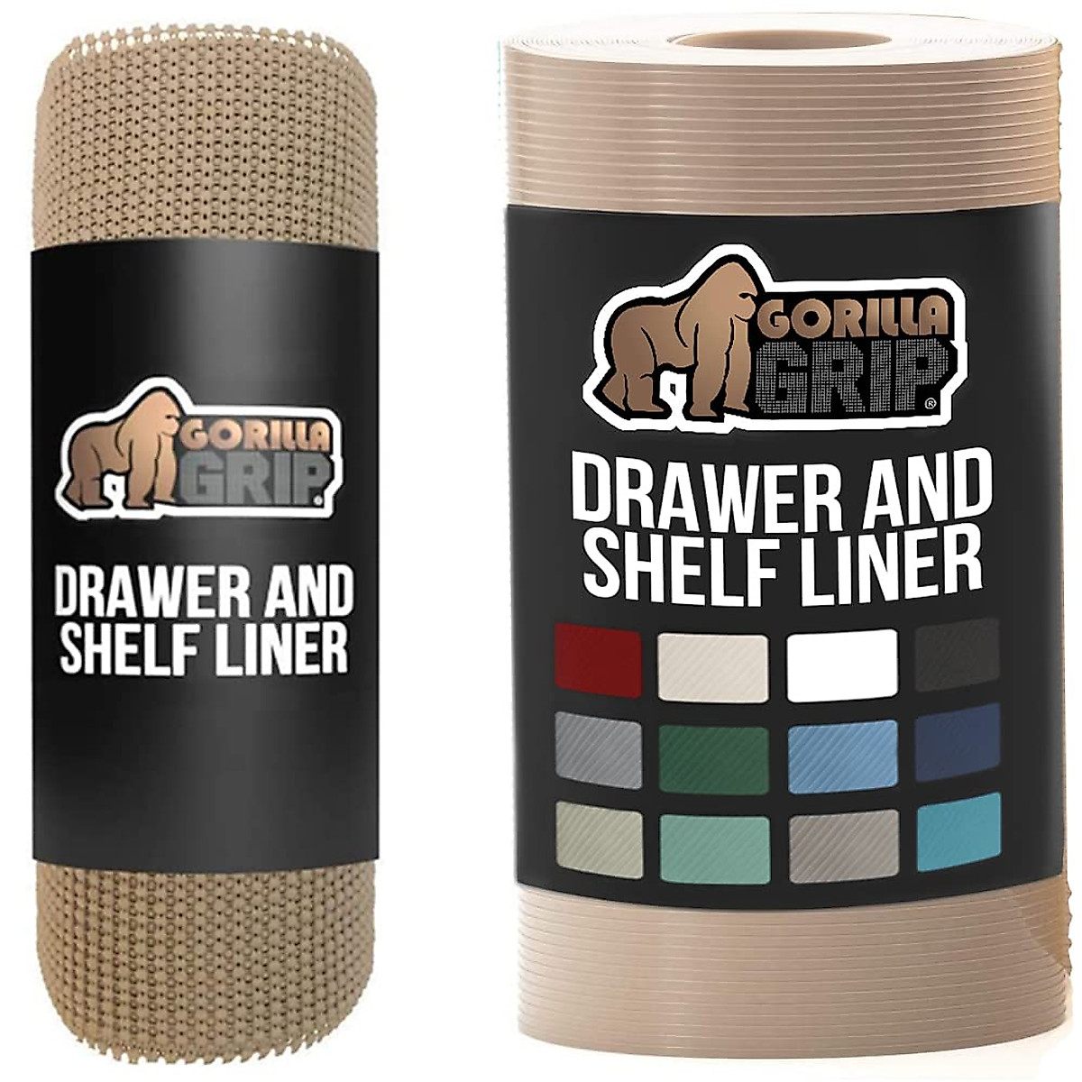 Gorilla Grip Drawer Liner and Ribbed Drawer Liner, Shelf Liner Size 12x20, Bathroom Storage Shelves, Ribbed Liner Size 17.5x20, Desk Storage, Both in Beige, 2 Item Bundle