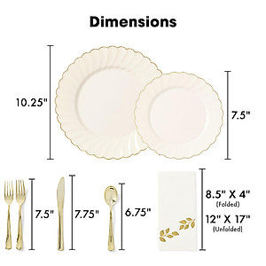 By Madee HEAVYWEIGHT 175 Pc Thanksgiving Plates and Napkins Sets | Ivory Scalloped Plates with Gold Trim | Fall Plastic Plates, Cutlery, Gold Leaf Napkins | High End Disposable Plates (25 Guests)