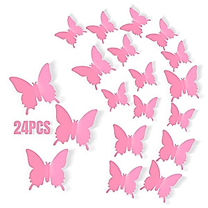 AMMON Butterfly Room Decorations 24 Pcs 3D Wall Decor Pink 3 Sizes Decal for Birthday Party Cake Mural Sticker Removable Room Wall Art Stickers for Kids Nursery Classroom Bedroom Living Room Party Wedding
