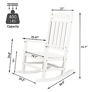 Xilingol Patio Rocking Chair, Poly Lumber Porch Rocker with High Back, 400Lbs Support Rocking Chairs for Outdoor Garden Lawn, White