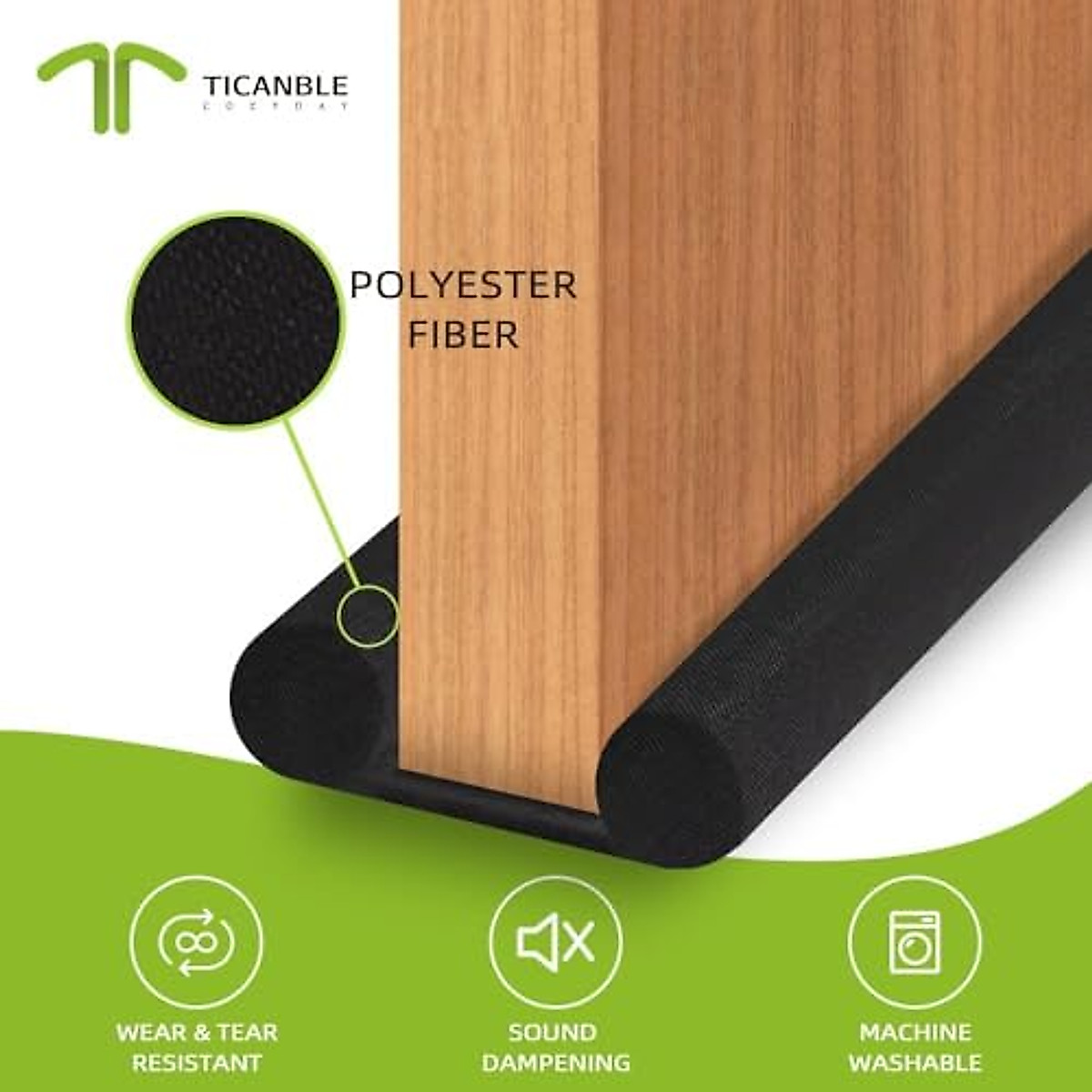 Ticanble Door Draft Stopper, Adjustable Length 24" to 38",Bold Diameter 2", Energy Saving, Dust Proof, Soundproofing, Weather Stripping Reusable Door Sweeps, Machine Washable, Black