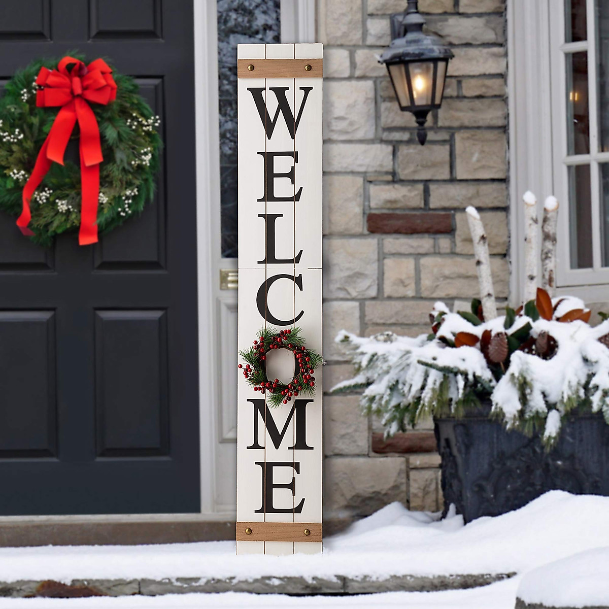 Glitzhome Welcome Sign with 4 Interchangeable Floral Wreaths for Front Door Porch, Farmhouse Wooden Hanging Wall Sign for Seasons Spring Fall Harvest Thanksgiving Christmas, 60”H, White
