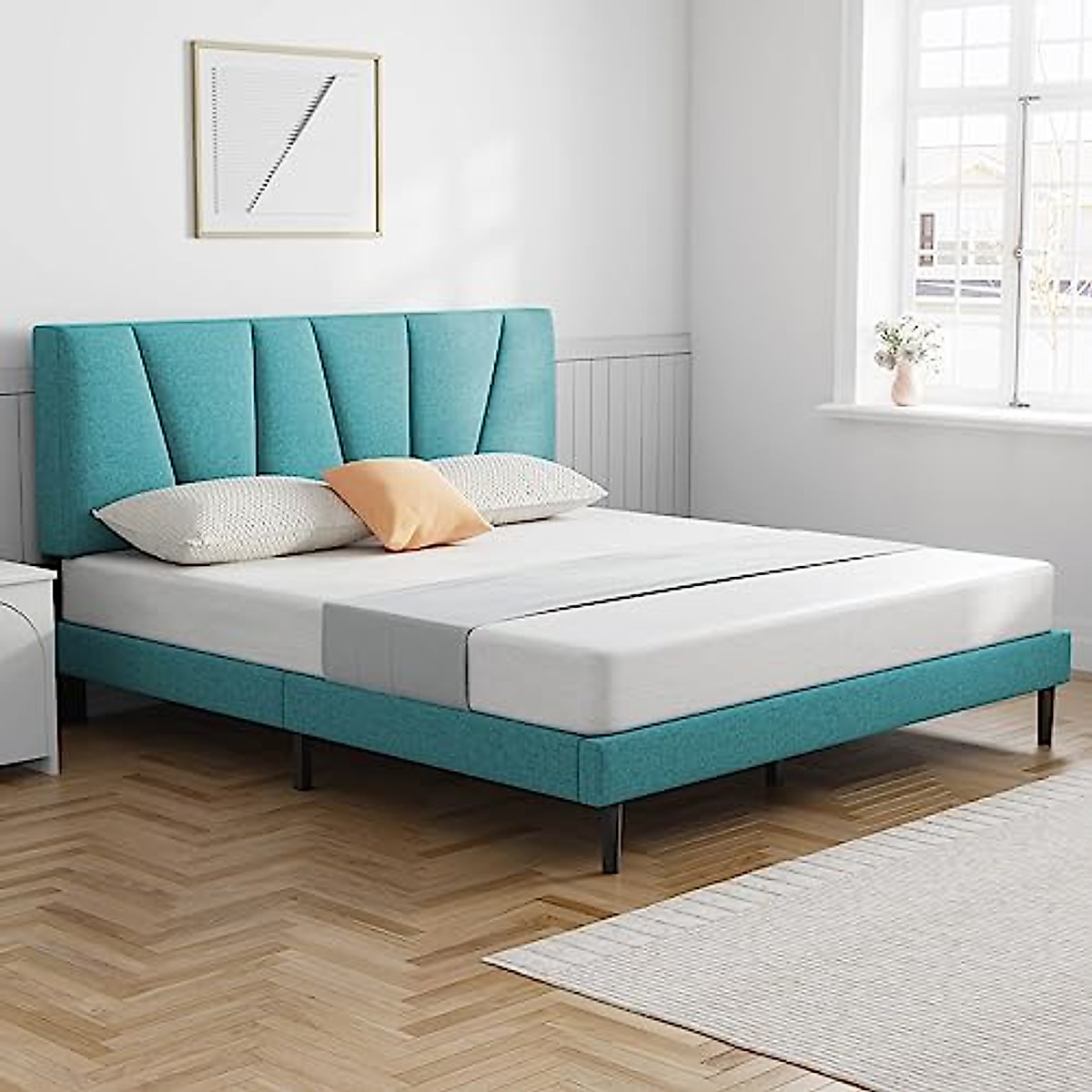 Molblly Queen Bed Frame Upholstered Platform with Headboard and Strong Wooden Slats, Strong Weight Capacity, Non-Slip and Noise-Free,No Box Spring Needed, Easy Assembly,Peacock Green
