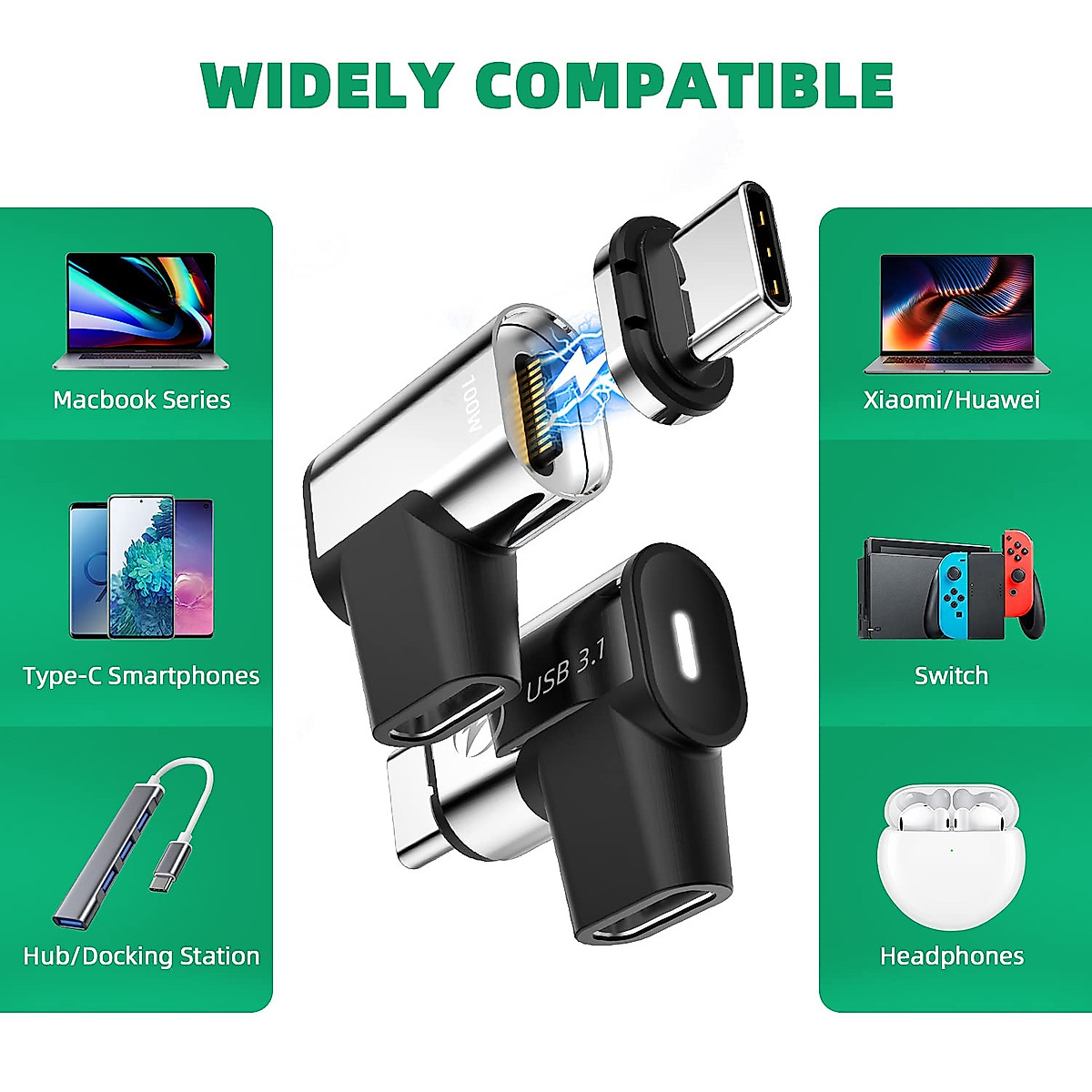 DuHeSin USB C Magnetic Adapter, (2 Pack) Magnetic USB C Adapter, 24Pins USB3.1 10Gbps Data Transfer 4K 60Hz Video PD 100w Charge Compatible with MacBook Pro/Air USB-C Laptop