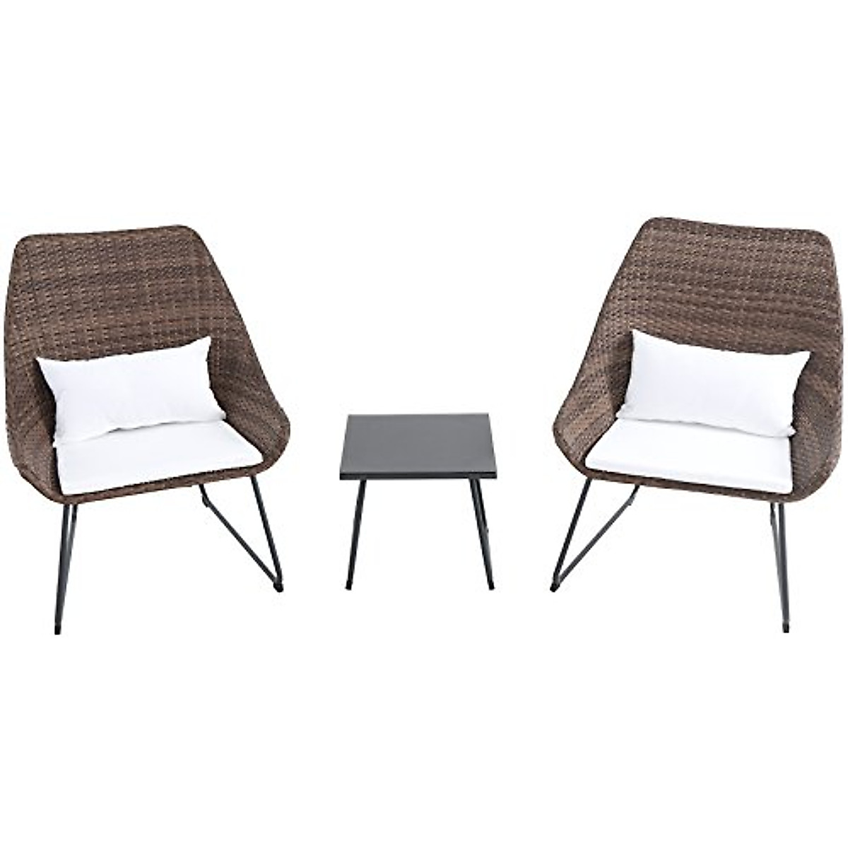 Hanover Accent 3-Piece White Wicker Chat Set, Modern Outdoor Furniture, 2 Scoop Chairs, 15'' Square Side Table, Rust-Resistant Steel Frames, Cushions, Pillows