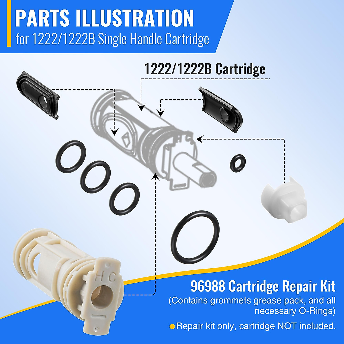 Dreyoo Cartridge Repair Kit Replacement for 96988, Repair Kit Compatible with Moen 1222/1222B Single Handle Cartridge Tub and Shower Faucets, Bathroom Cartridge Repair Kit Parts