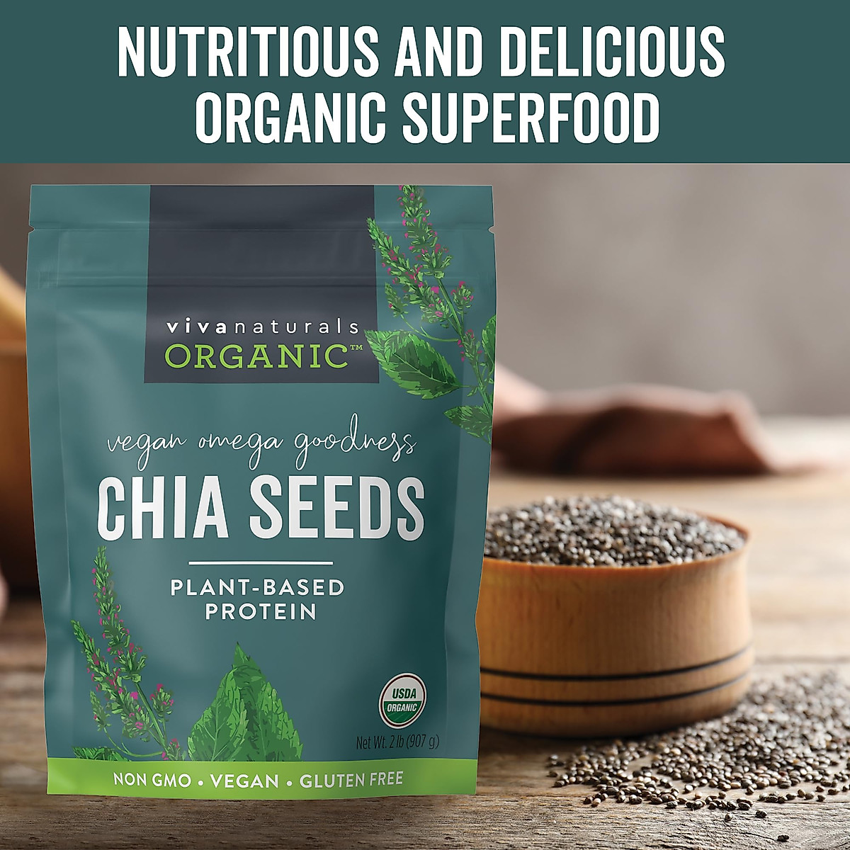 Viva Naturals Organic Chia Seeds 2 LBs - Plant-Based Omega-3 and Vegan Protein, Non-GMO Chia Seeds Organic Perfect for Smoothies, Salads and Chia Seed Pudding, Black Chia Seeds Bulk